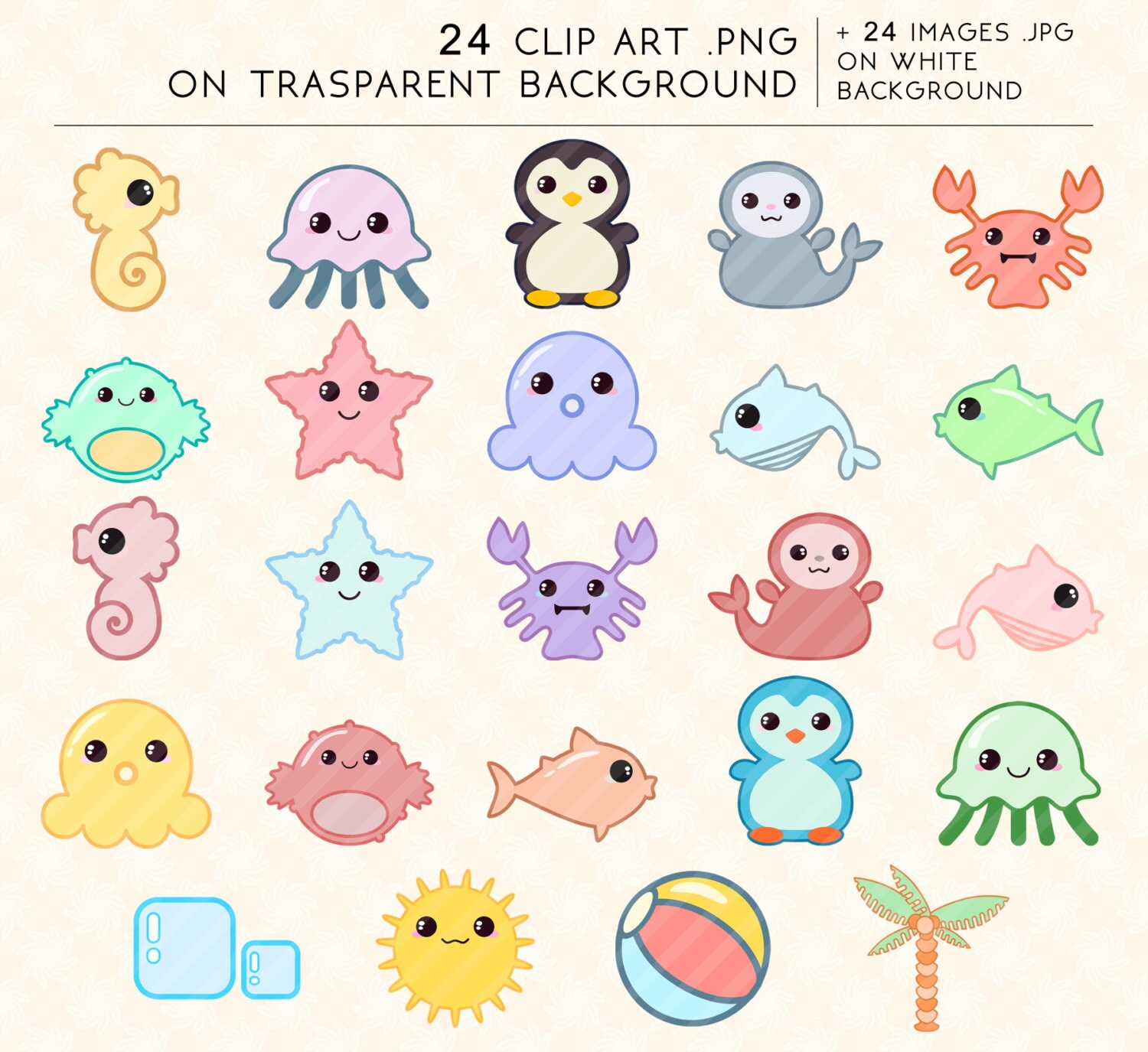 80% Until New Year Kawaii Sea Animals Clipart & Digital Paper: Cute ...