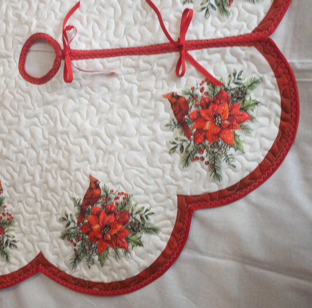 Small Quilted Cardinal and Poinsettia Christmas Tree Skirt With a ...