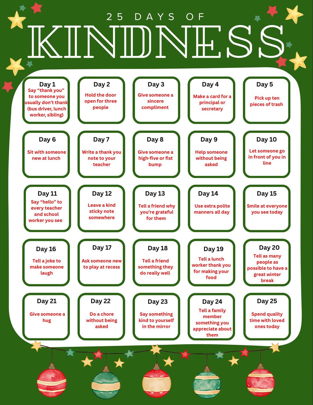 25 Days of Kindness Advent Calendar | Christmas Kindness Activities for ...