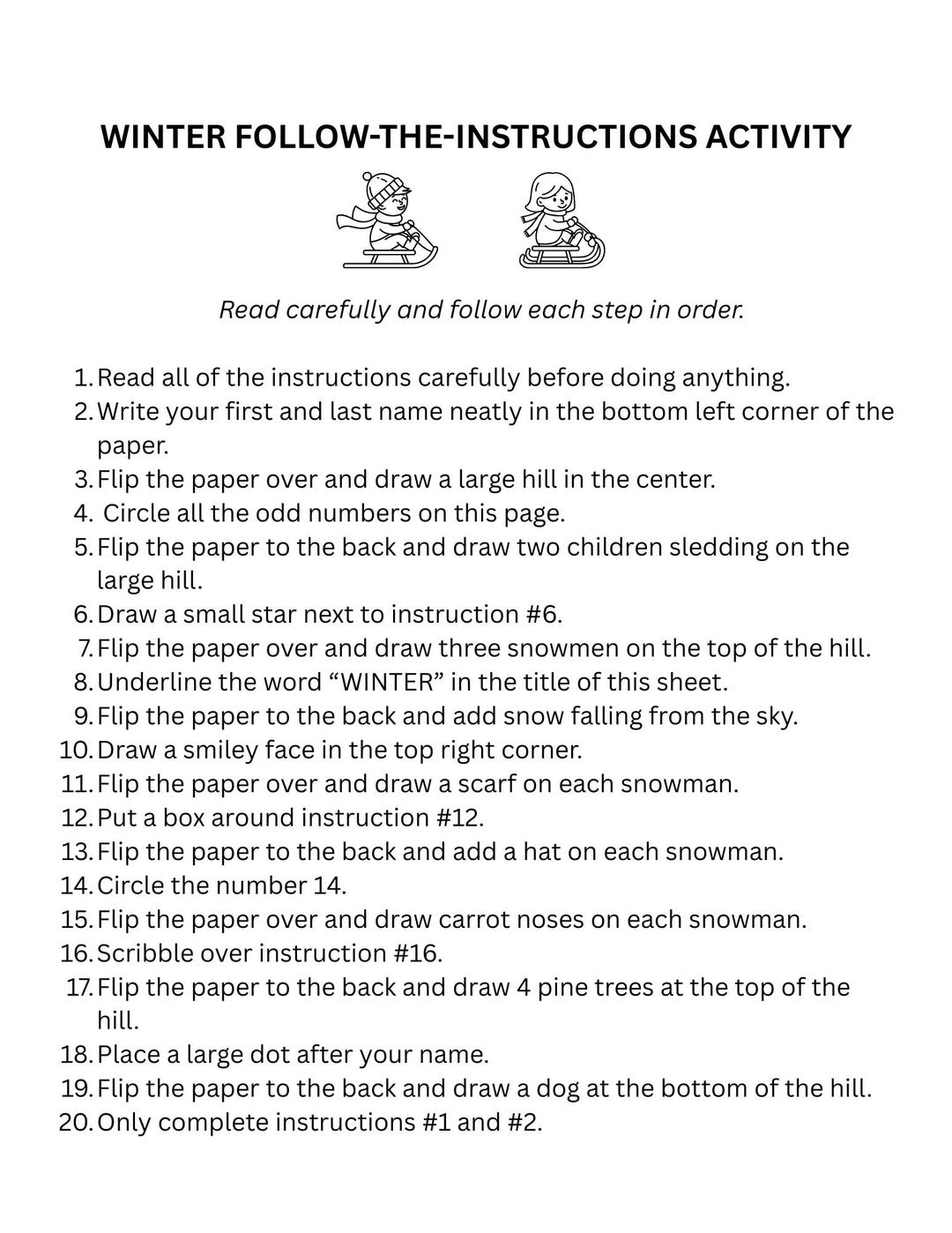 Winter Follow the Directions Worksheet | Read Carefully Activity ...