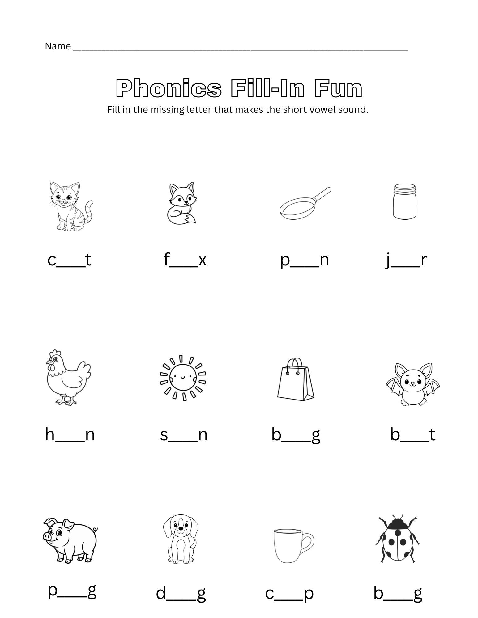 CVC Words Phonics Worksheet | Missing Vowel Activity (PDF) - Etsy