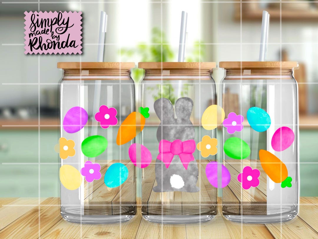 Hand Drawn Easter Bunny Theme 16oz Glass Can Sipper Glass With Bamboo ...