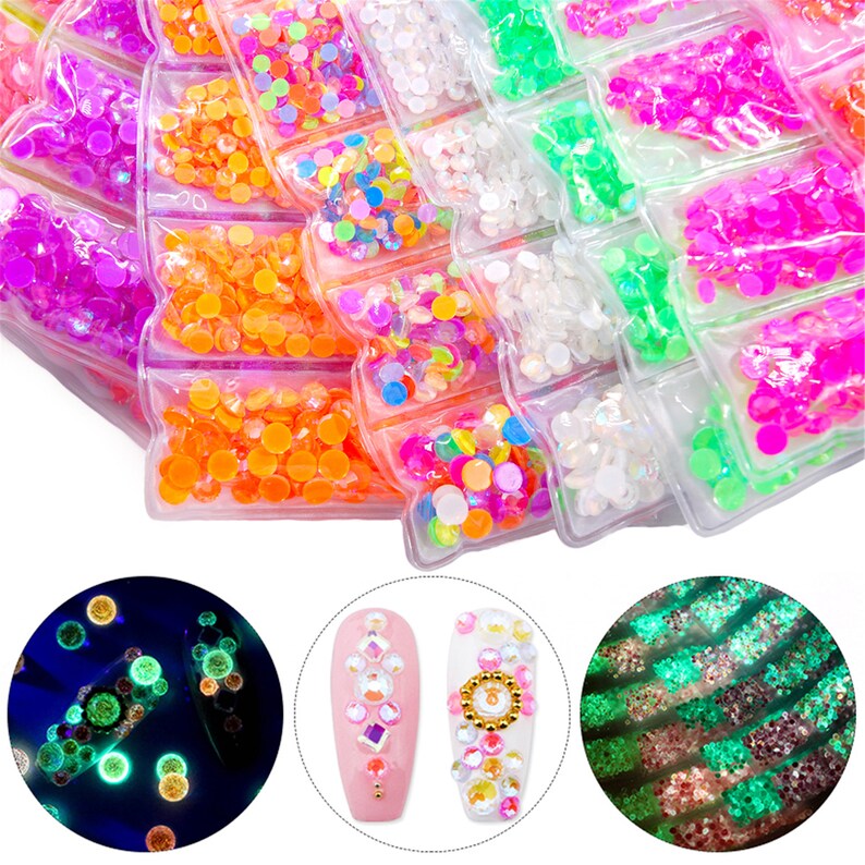 6 Sizes Mix 2-5MM Fluorescent Luminous Rhinestone Glitter Neon Glass ...