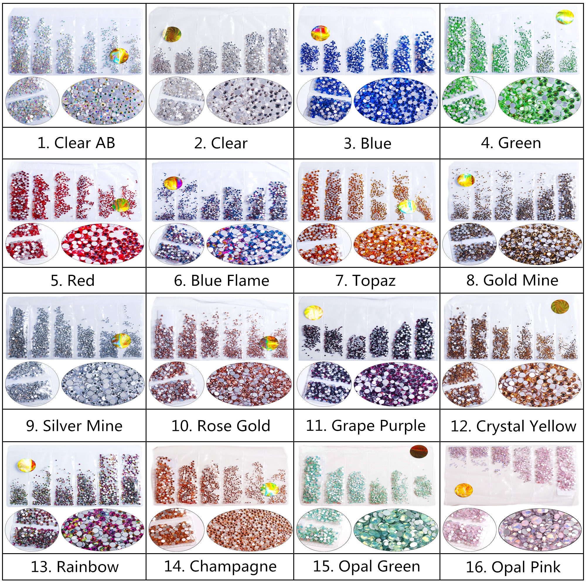 Super Glitter Rhinestones 32 Colors Ss3-ss10 Mixed Sizes Non Hotfix ...