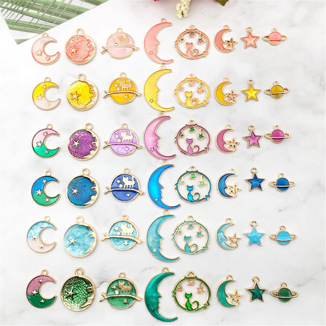 8pcs/bag 3D Multi Color Star Moon Shape Cute Oil Dropping Alloy Pendant ...