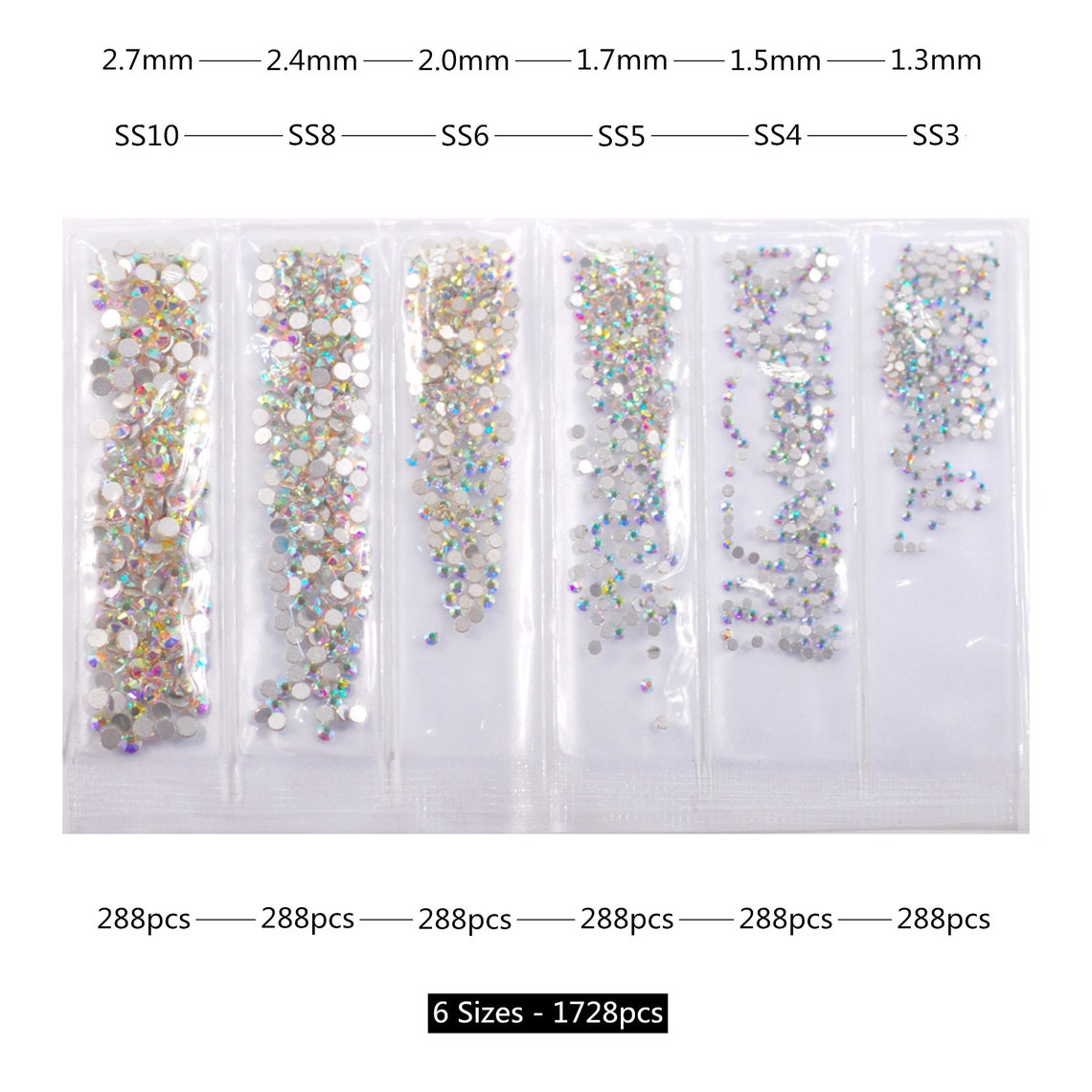Super Glitter Rhinestones 32 Colors Ss3-ss10 Mixed Sizes Non Hotfix ...