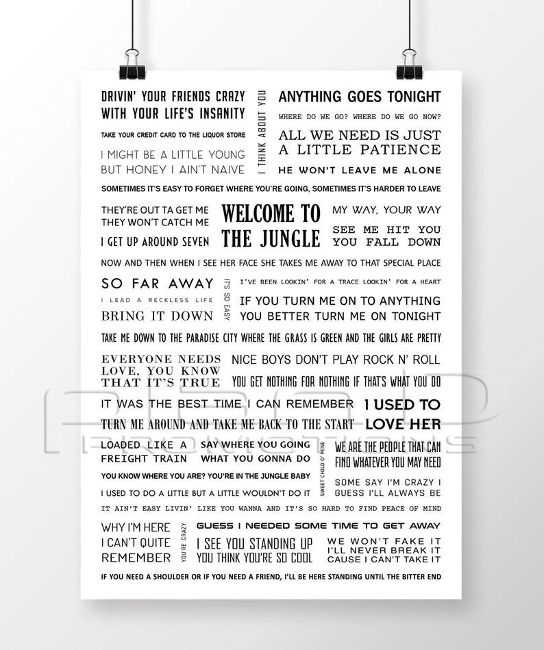 A4 Guns N' Roses Lyrics Poster : Appetite & Lies - Etsy