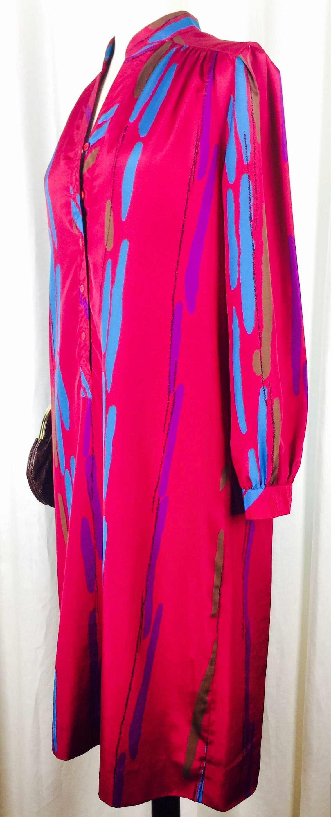 Vintage 70's Bright Raspberry Silky Poly Blend Abstract Geometric ...