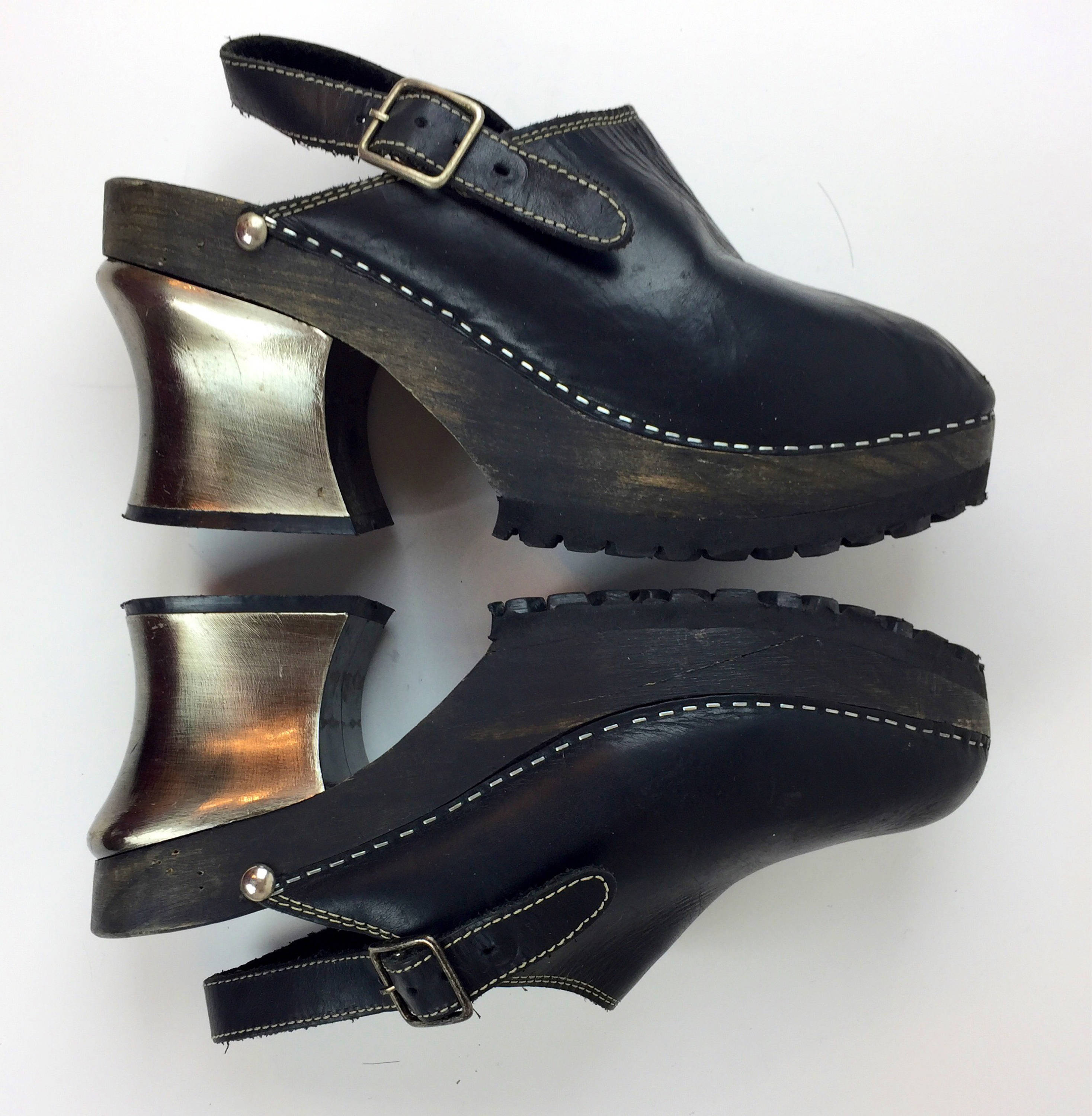 Vintage 90's goth industrial black leather silver heeled chunky lug ...