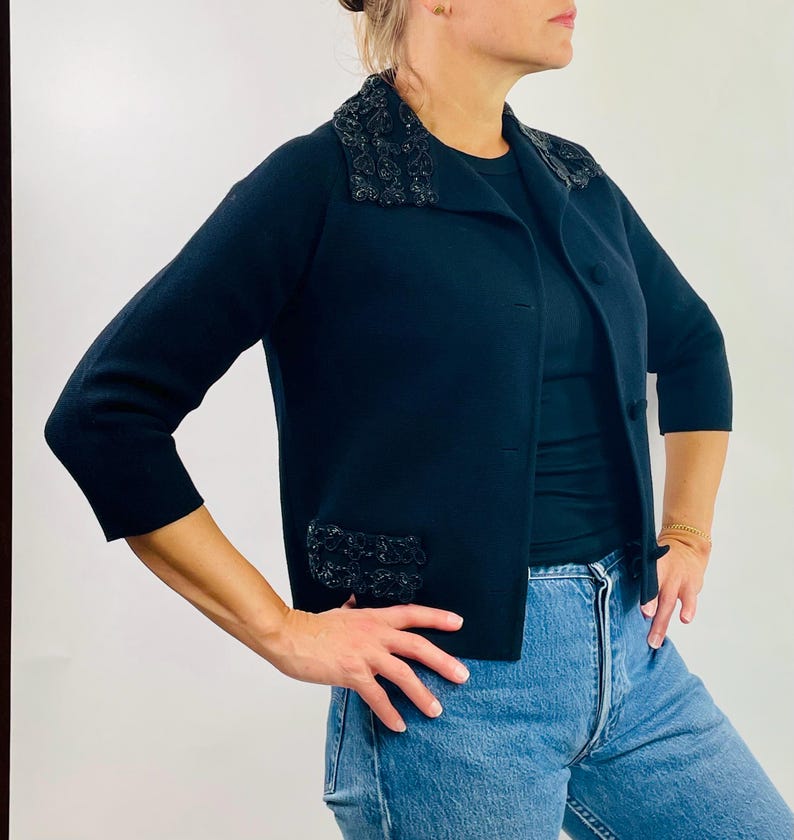 Vintage 50's Embellished Beaded Sparkle Trim Black Knit Wool Cardigan ...