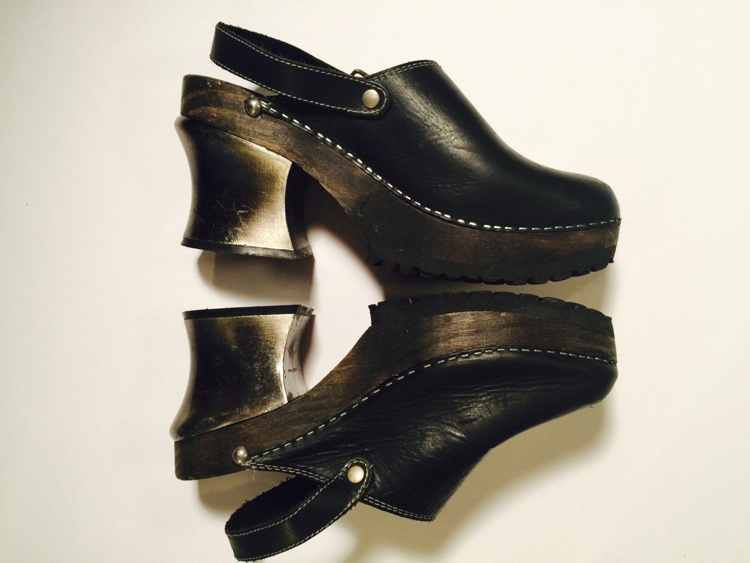 Vintage 90's goth industrial black leather silver heeled chunky lug ...