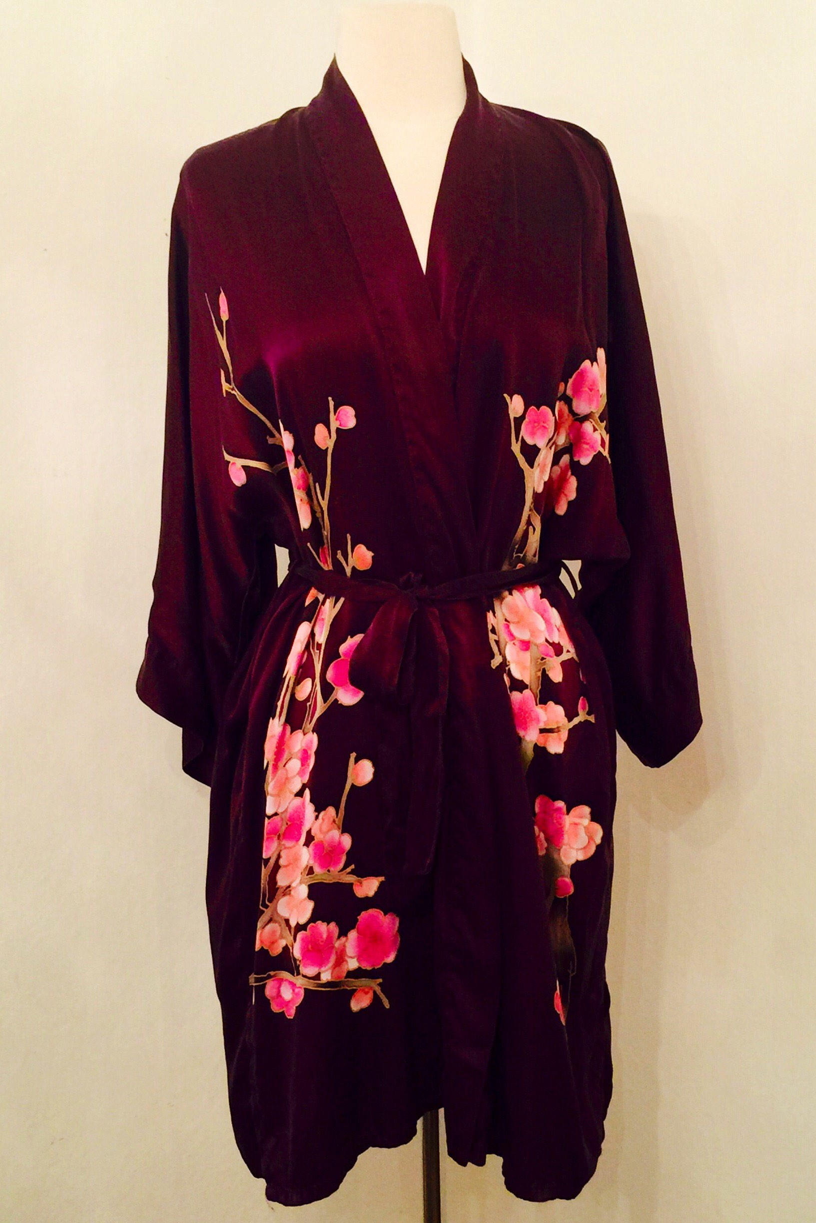 Vintage 80's Asian cherry blossom print silk robe