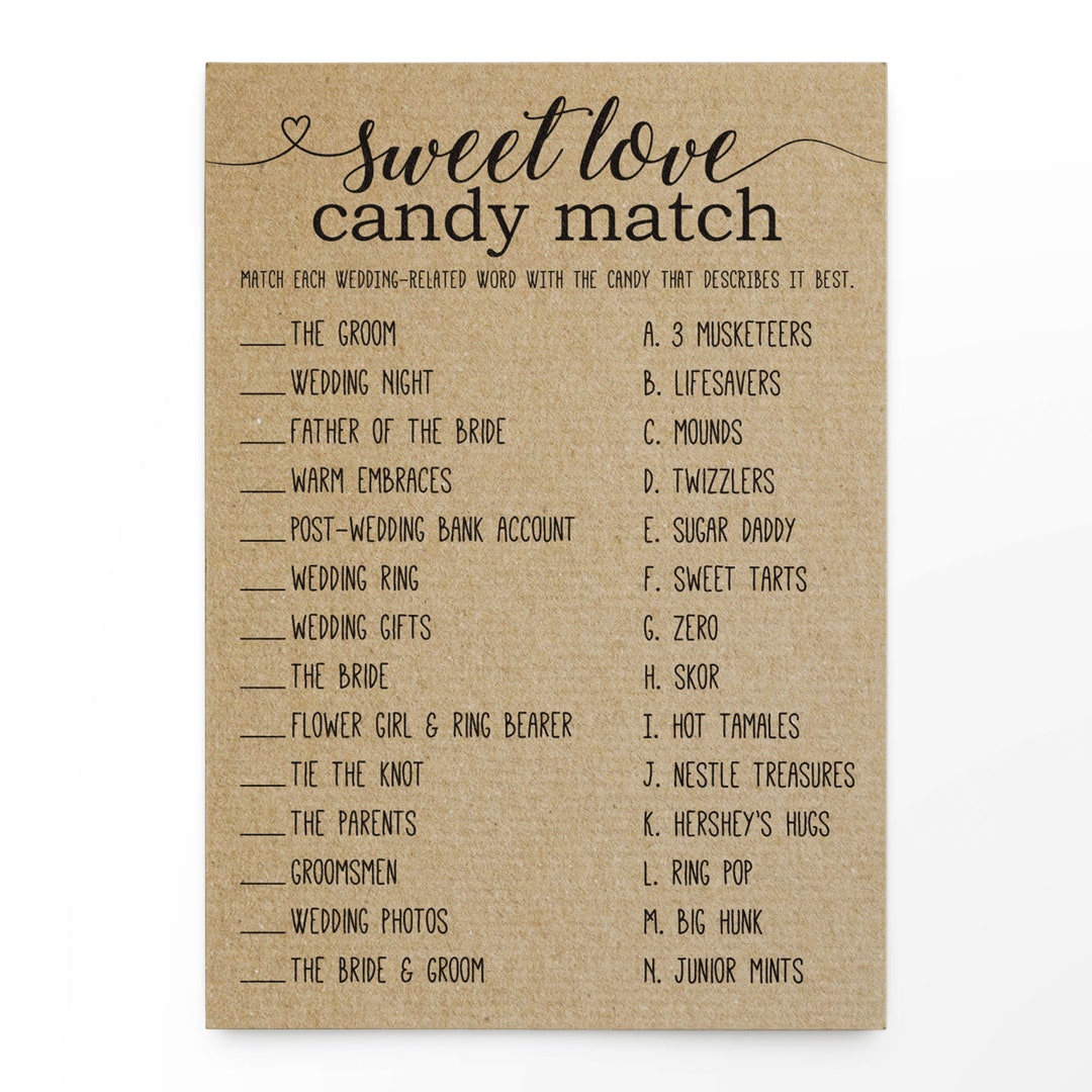 PRINTED Sweet Love Candy Match Bridal Shower Game. Bridal - Etsy
