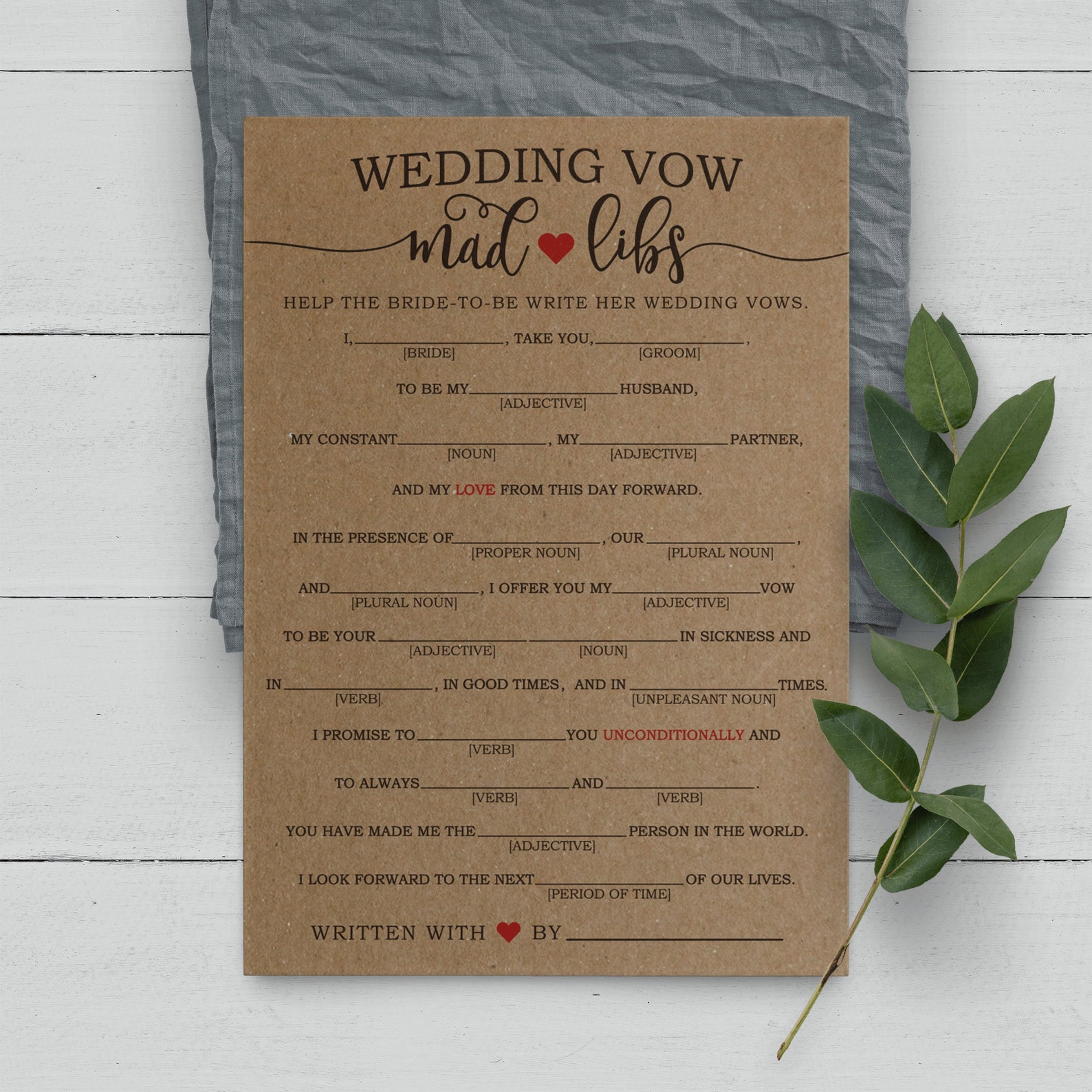 PRINTED Wedding Mad Libs . Wedding Vow Mad Libs | Etsy
