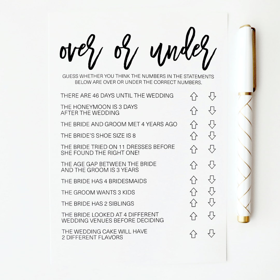 Over Or Under Bridal Shower Game Over Or Under Bridal Etsy
