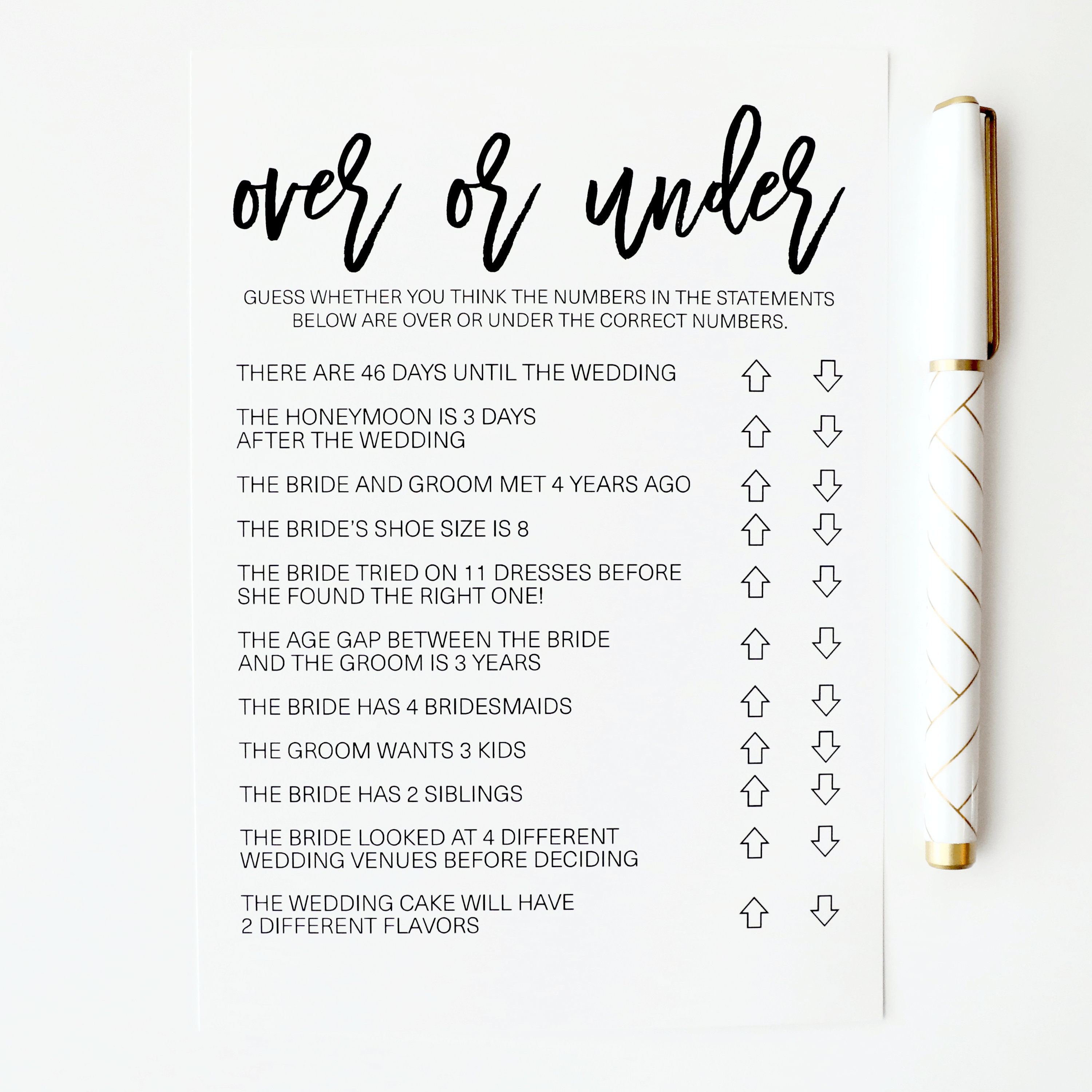 Over Or Under Bridal Shower Game Over Or Under Bridal Etsy