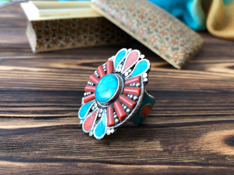 Turquoise and Coral Nepali Ring Tibetan Multistone Signet | Etsy