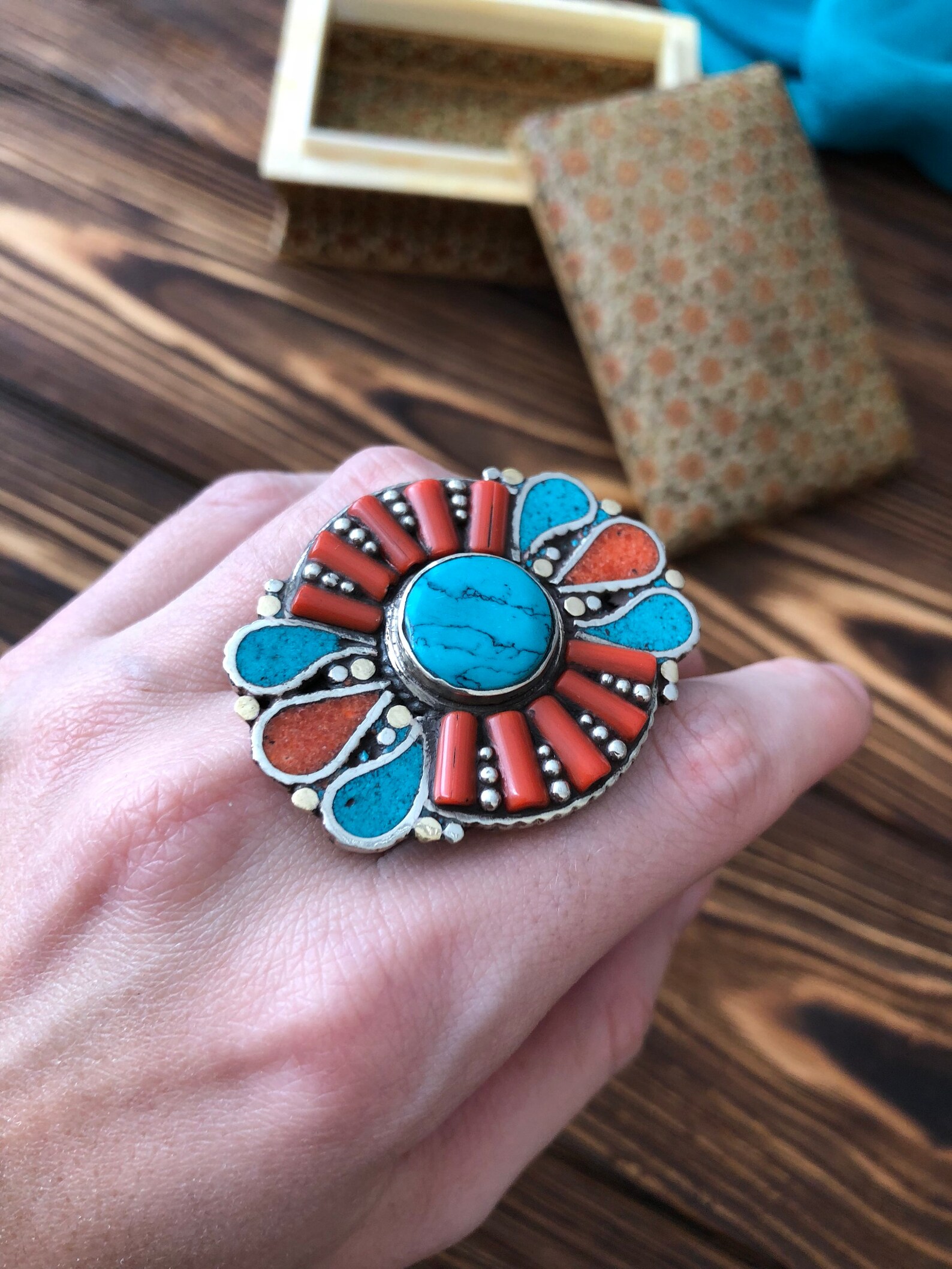 Turquoise and Coral Nepali Ring Tibetan Multistone Signet | Etsy