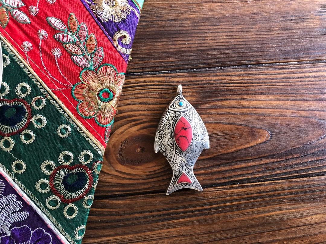 Massive Coral Pendant, Fish Pendant Necklace, Kazakh Necklace, Afghan ...