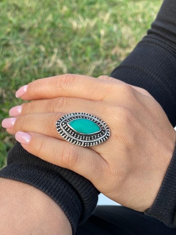 Vintage kuchi green turquoise ring, eye shaped blue A… - Gem