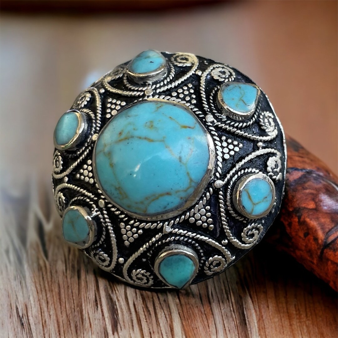 Berber Massive Blue Turquoise Ring, Flower Tribal Ring, Vintage Nomadic Tuareg Jewelry, Berber ...