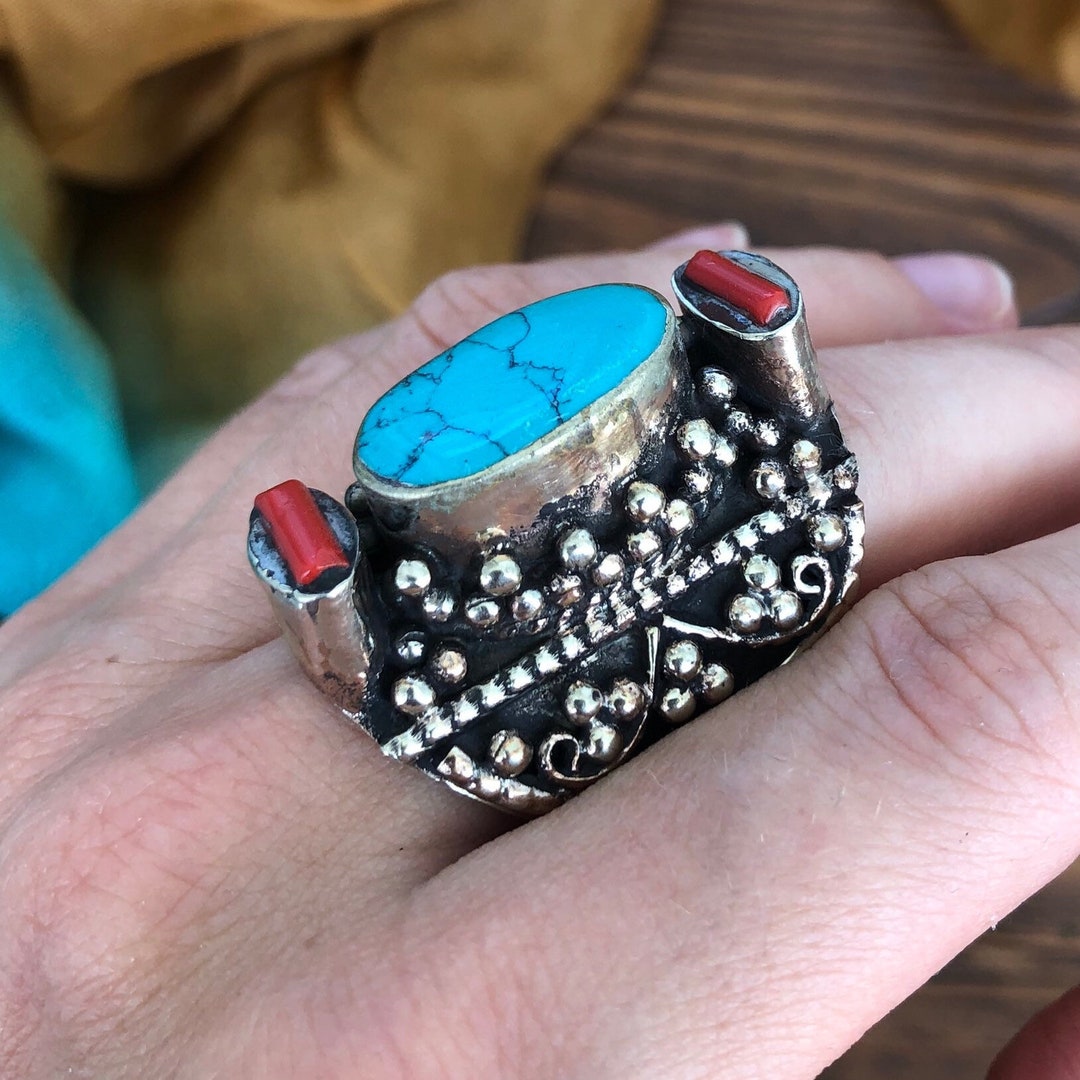 Bohemian Nepal Turquoise Ring, Tibetan Mosaic Ethnic Ring 10size, Boho ...