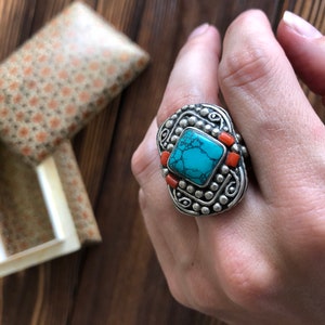 Turquoise Nepali Antique Ring Tibetan Multistone Ring Ethnic - Etsy