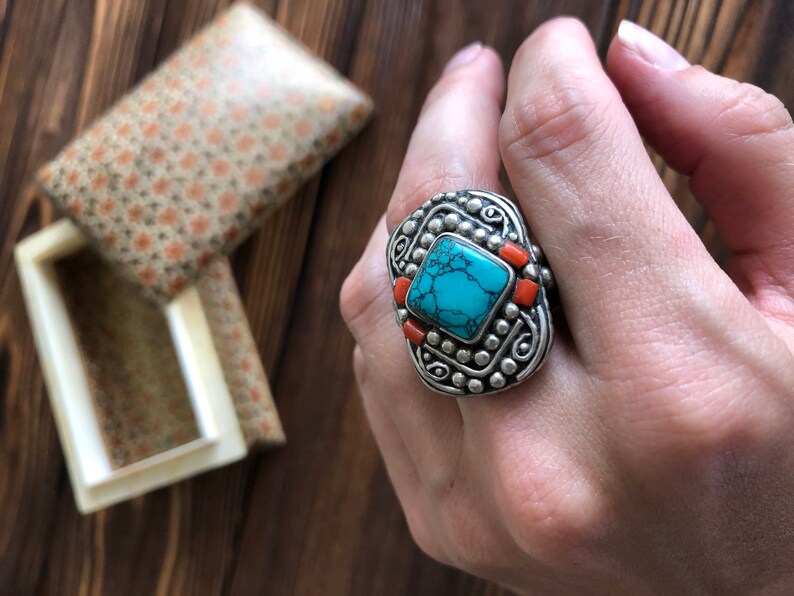 Turquoise Nepali Antique Ring Tibetan Multistone Ring Ethnic | Etsy