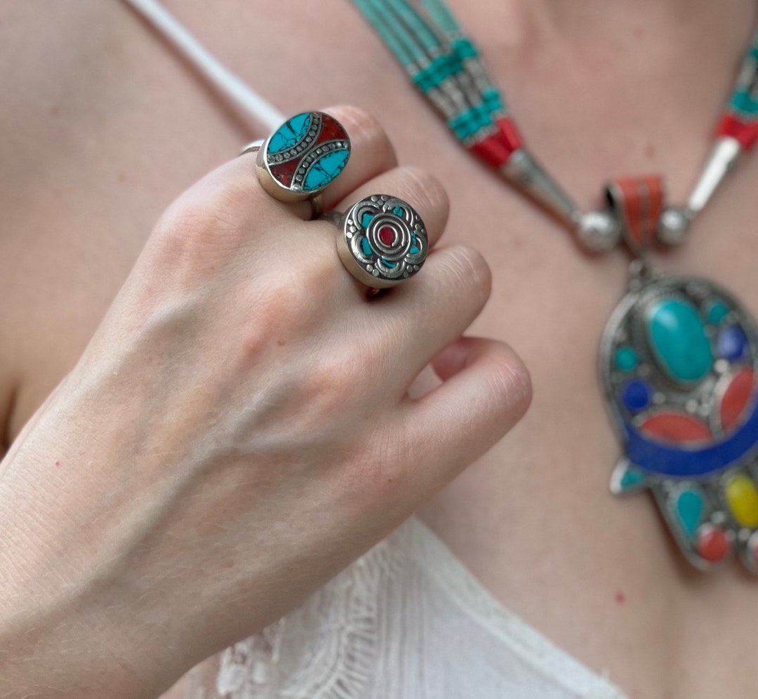 Multistone Oval Nepali Ring, Tibetan Coral Ring, Tablet Ring, Signet ...