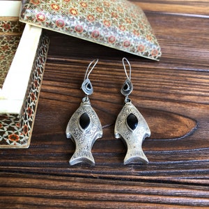 Berber Fish Amulet Earrings, Afghan Animal Black Kuchi Earrings, Tribal ...