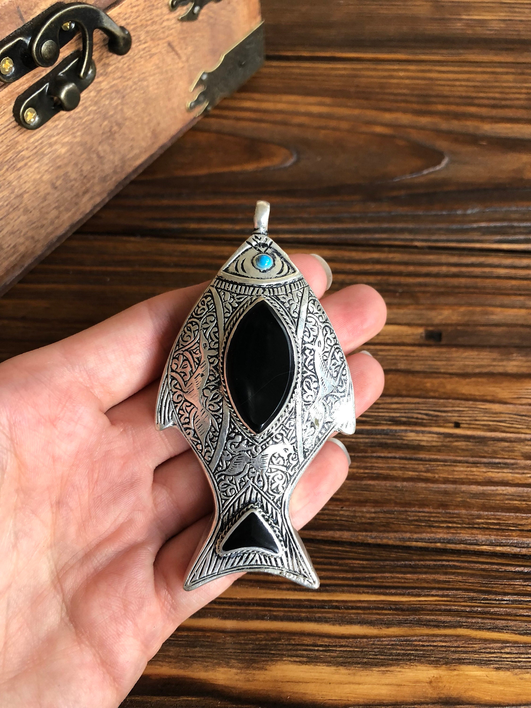 Berber Black Agate Pendant Fish Medallion Necklace Kazakh - Etsy UK