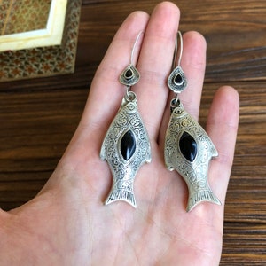 Berber Fish Amulet Earrings, Afghan Animal Black Kuchi Earrings, Tribal ...