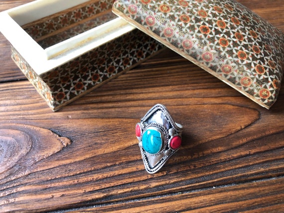Bohemian Green Turquoise and Red Coral Ring Tibetan Ethnic | Etsy