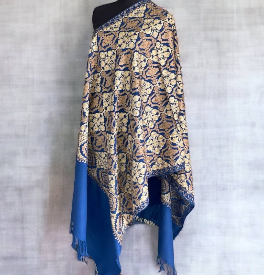 Bright Blue Pashmina Shawl With Shiny Gold Embroidery, Bohemian ...