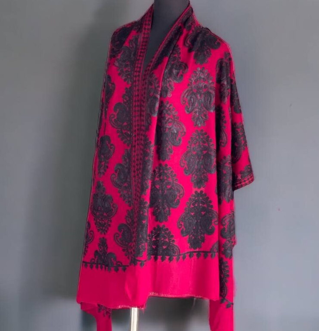 Bright Pashmina Shawl in Red With Exquisite Black Embroidery, Great ...