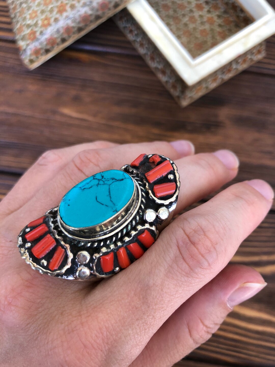 Turquoise and Coral Nepali Ring, Tibetan Multistone Ring, Morocco ...