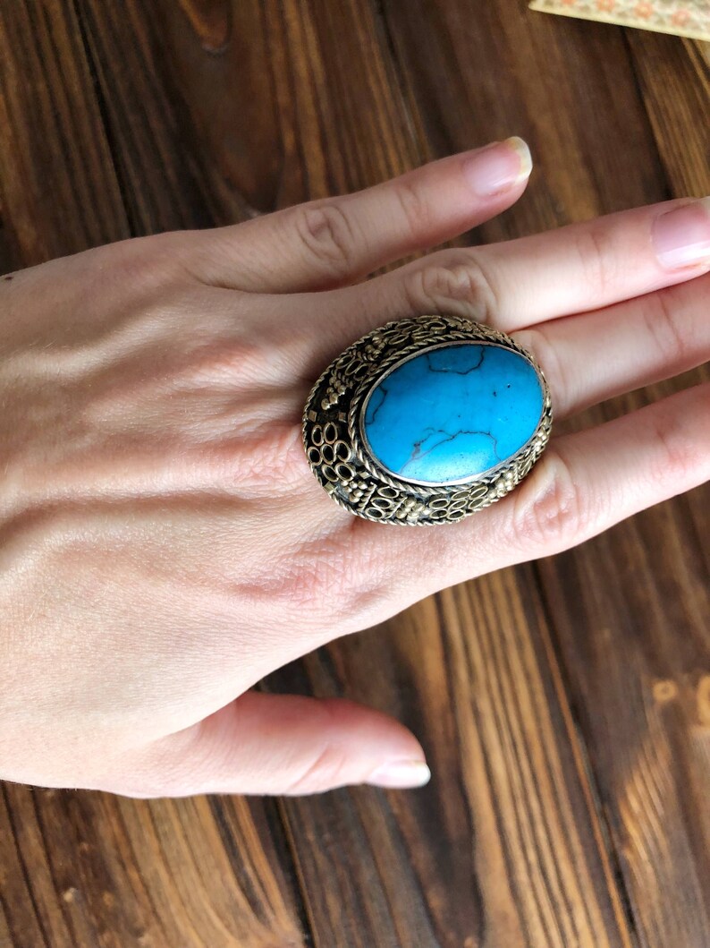 Afghan Massive Oval Blue Turquoise Ring Nomadic Tribal Ring | Etsy