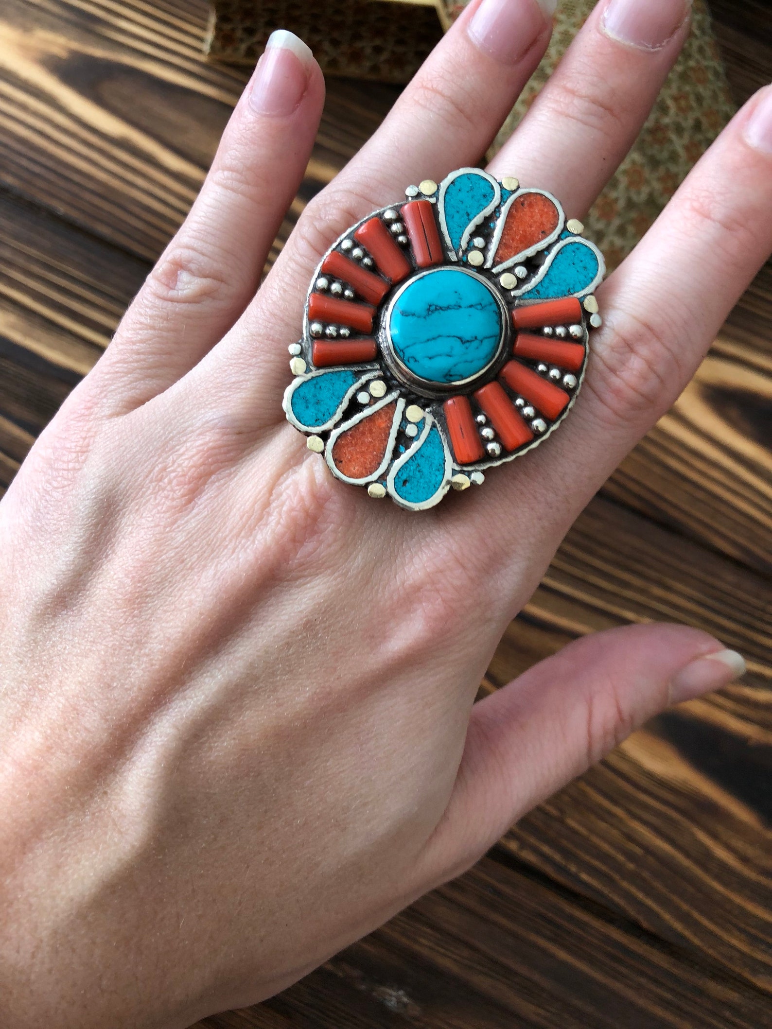 Turquoise and Coral Nepali Ring Tibetan Multistone Signet | Etsy
