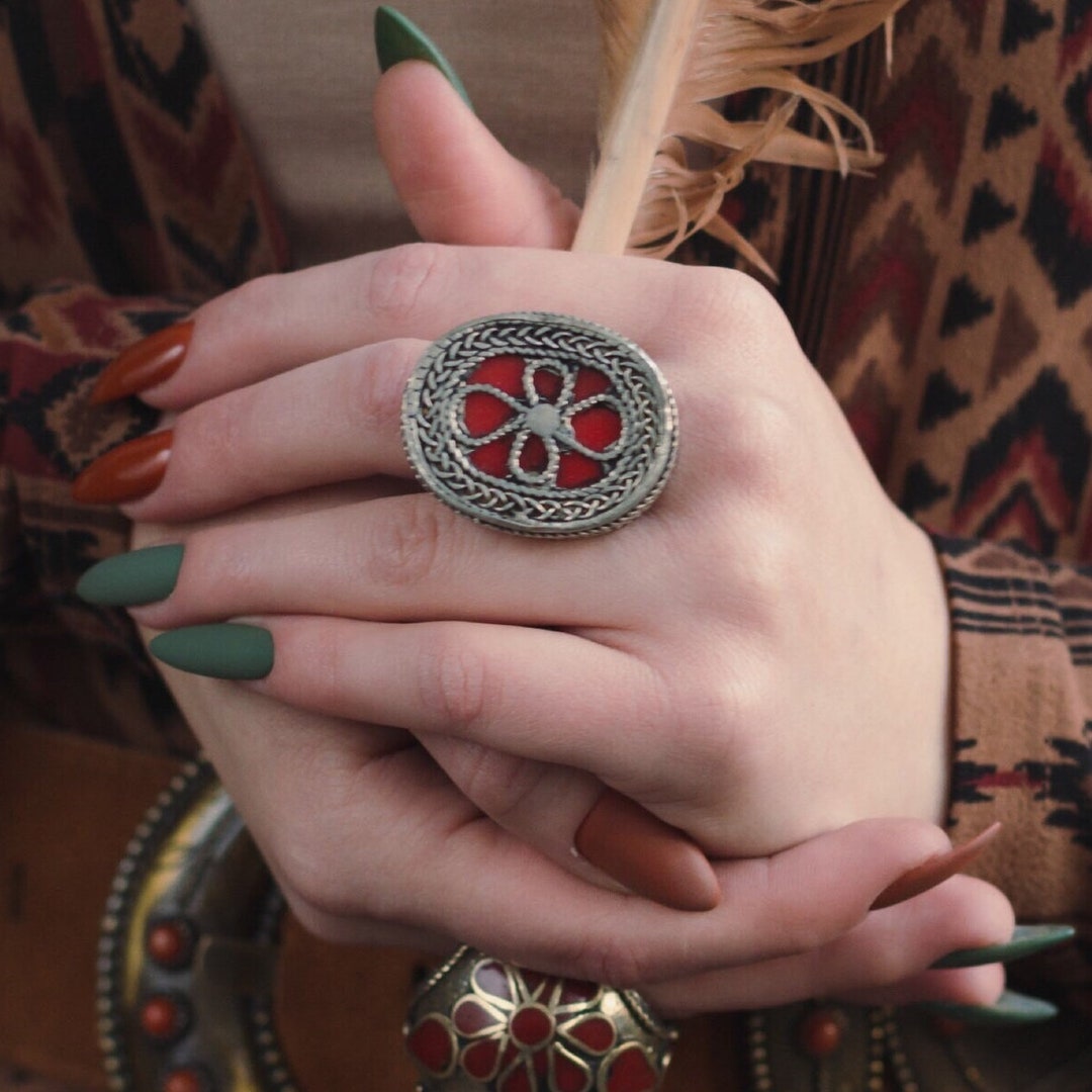 Afghani Red Urban Ring, Boho Massive Ring, Vintage Oval Ring, Nomadic ...