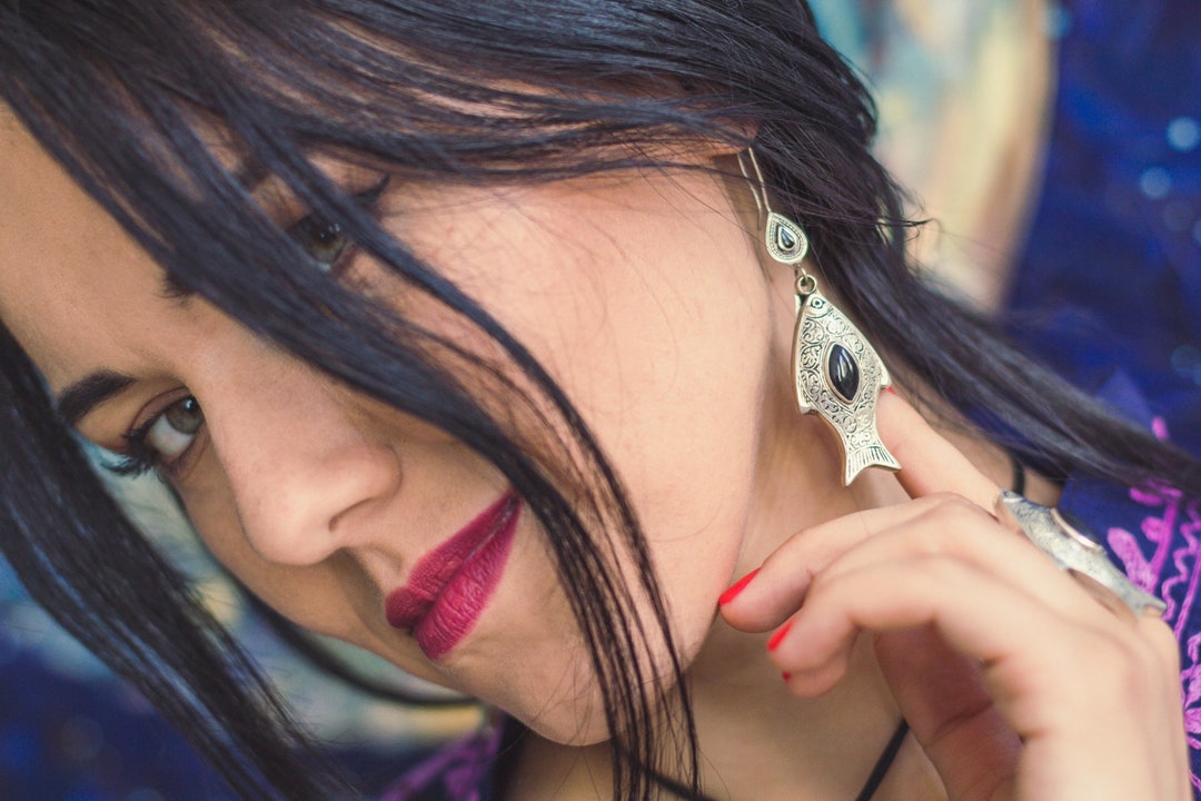 Berber Fish Amulet Earrings, Afghan Animal Black Kuchi Earrings, Tribal ...