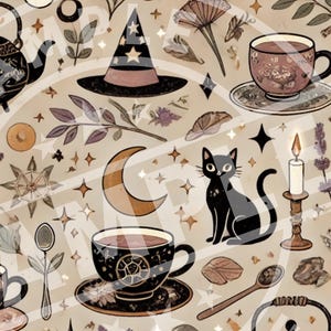 Witchy Tea Time Seamless Pattern Duo– SVG & PNG | Cozy Magical ...