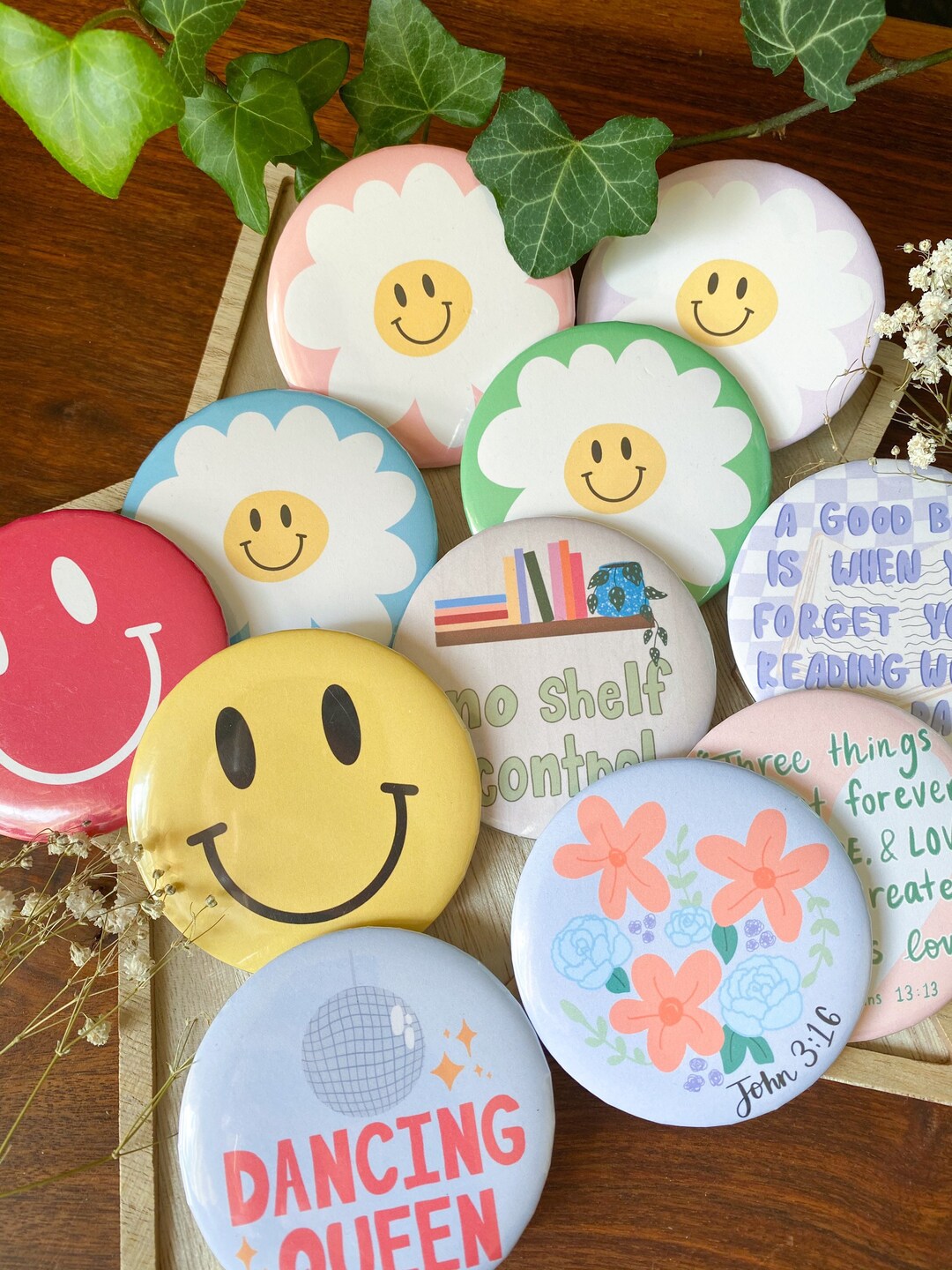 Assorted Buttons, Pin Back Buttons, Smiley Face Buttons, Bible Verse ...