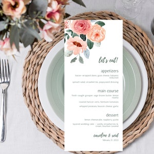 Rehearsal Dinner Menu, Printable Menu Template, Peach Floral ...