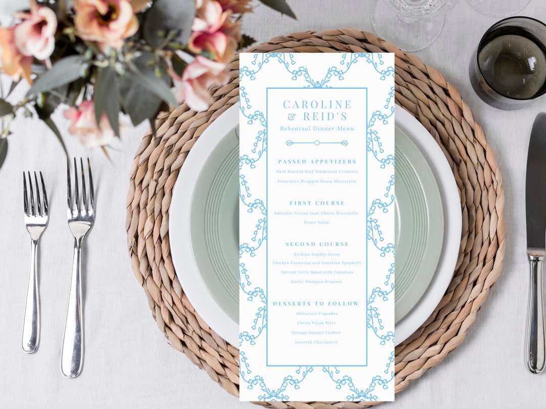 Rehearsal Dinner Menu Template, Chinoiserie & Dusty Blue, Wedding Table ...