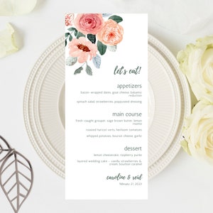 Rehearsal Dinner Menu, Printable Menu Template, Peach Floral ...