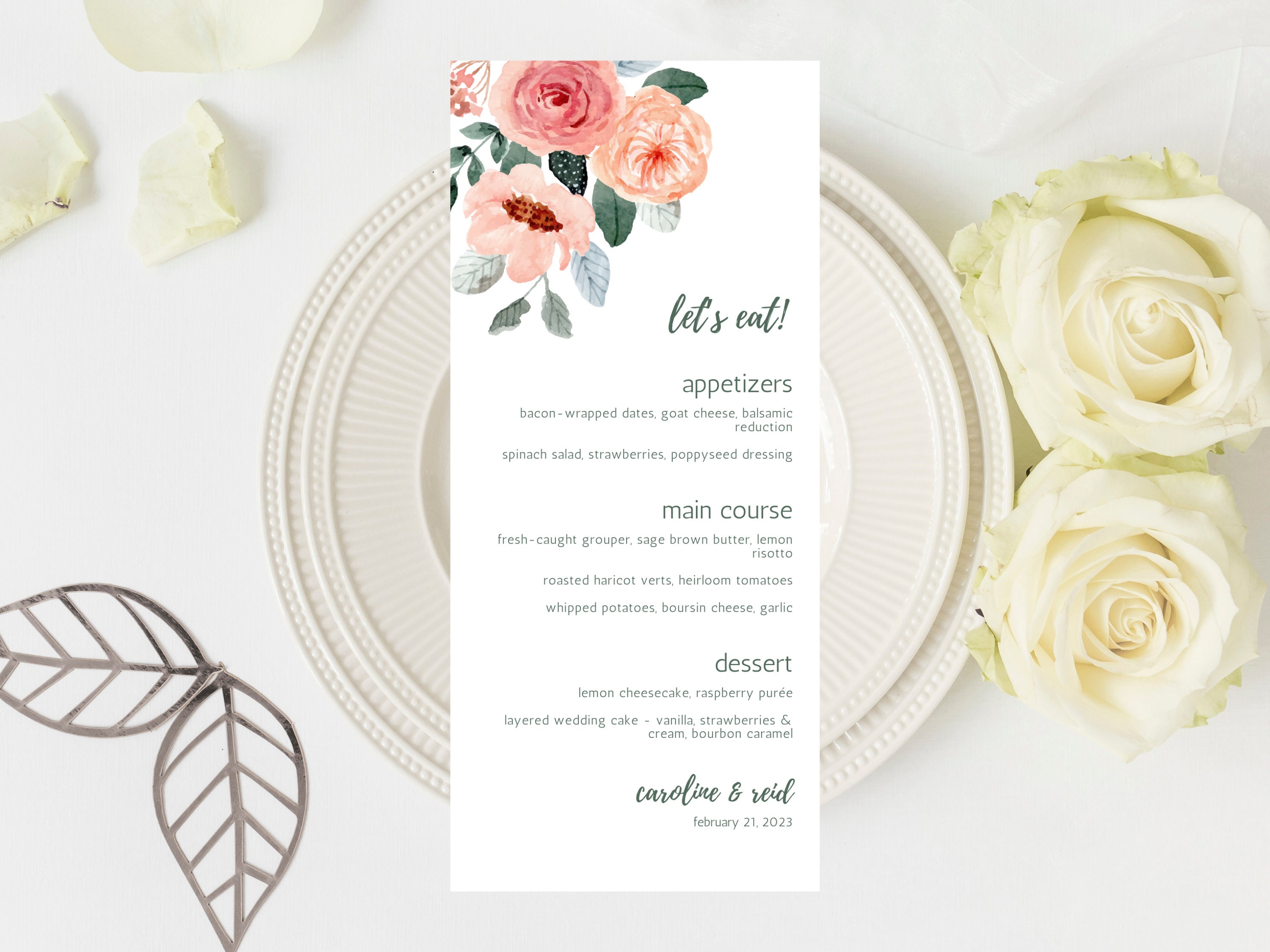 Rehearsal Dinner Menu, Printable Menu Template, Peach Floral ...