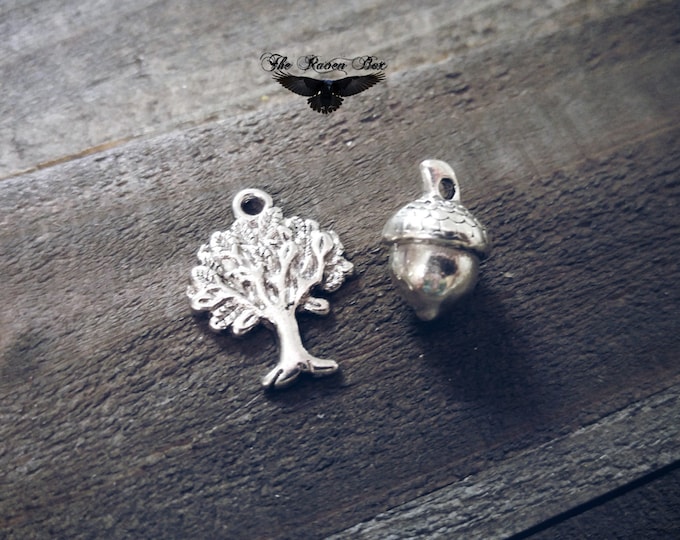 Tree Charm Acorn Charm Oak Tree Charm Set Antiqued Silver Tree Charm 3D ...