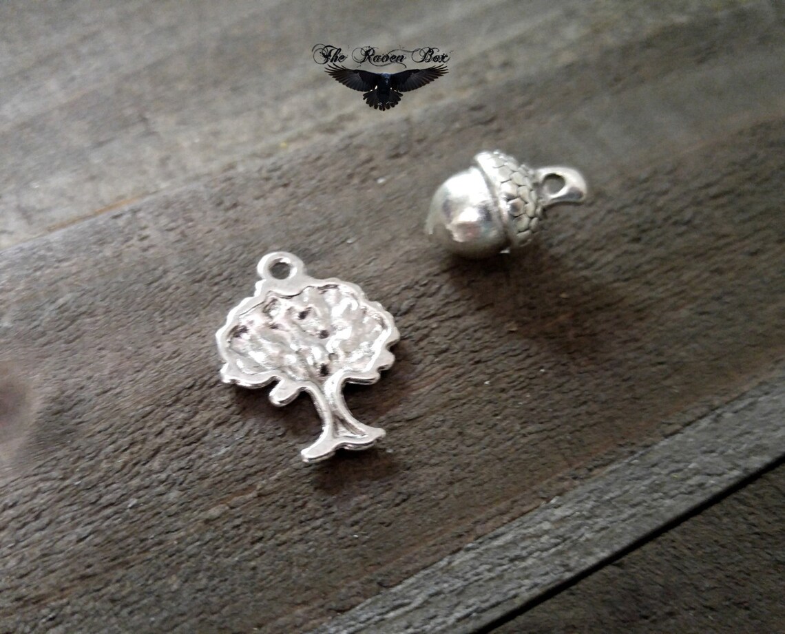 Tree Charm Acorn Charm Oak Tree Charm Set Antiqued Silver Tree | Etsy