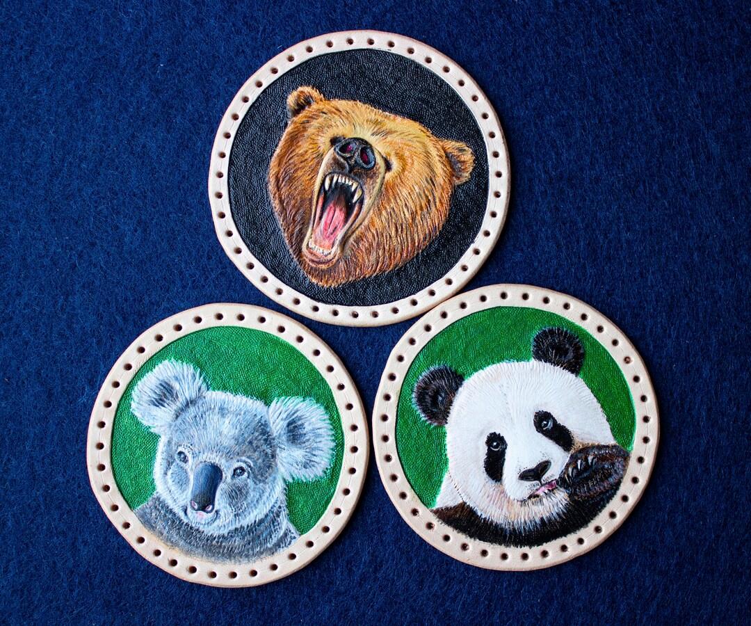 Hand Tooled Leather Animal Patch, One of a Kind Koala, Panda, Grizzly ...