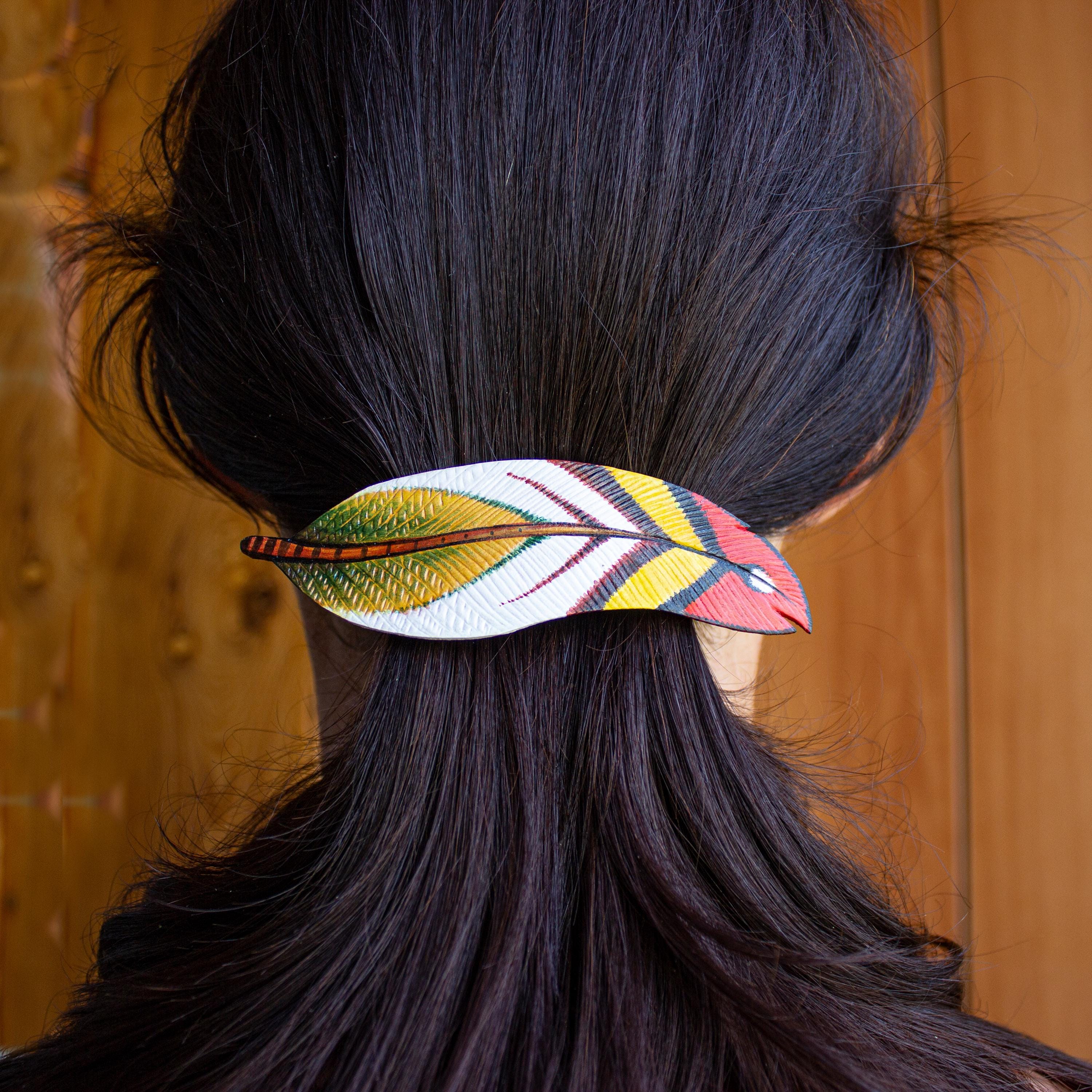 Hand-painted Leather Pheasant Feather Barrette: Long Hair Clip - Etsy